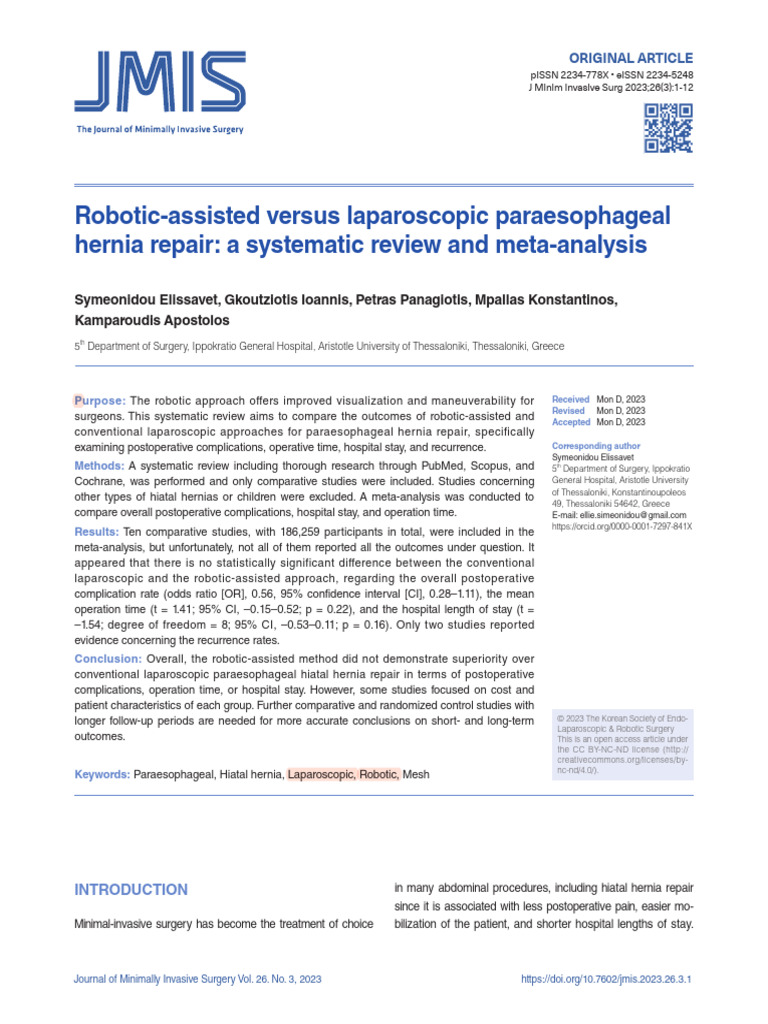 Robotic Assisted Versus Laparoscopic Hiatal Hernia Reconstruction: A Systematic Review and ...