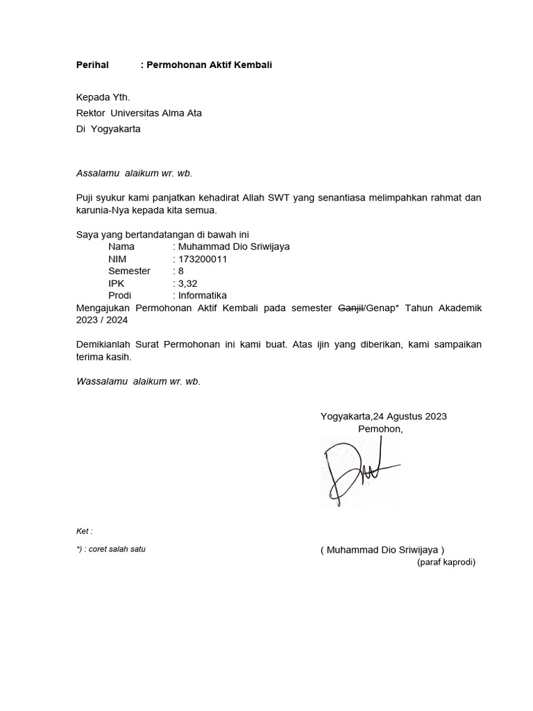 Permohonan Aktif Kembali Mahasiswa | PDF