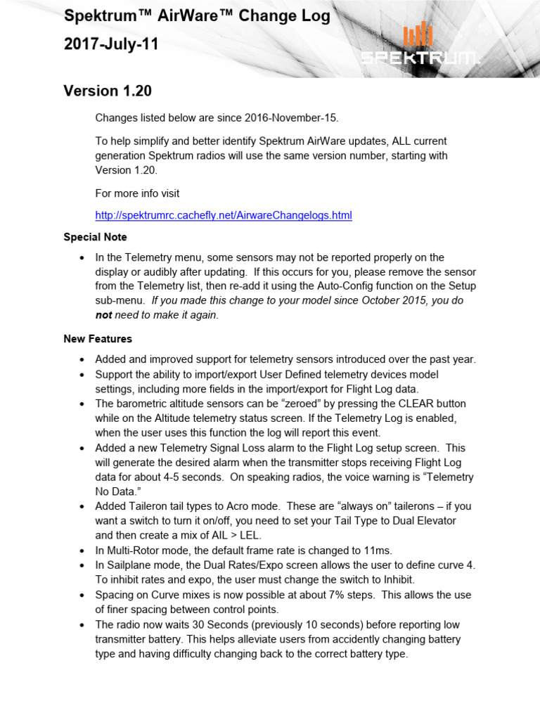 Spektrum Airware Change Log | PDF | Telemetry | Computing