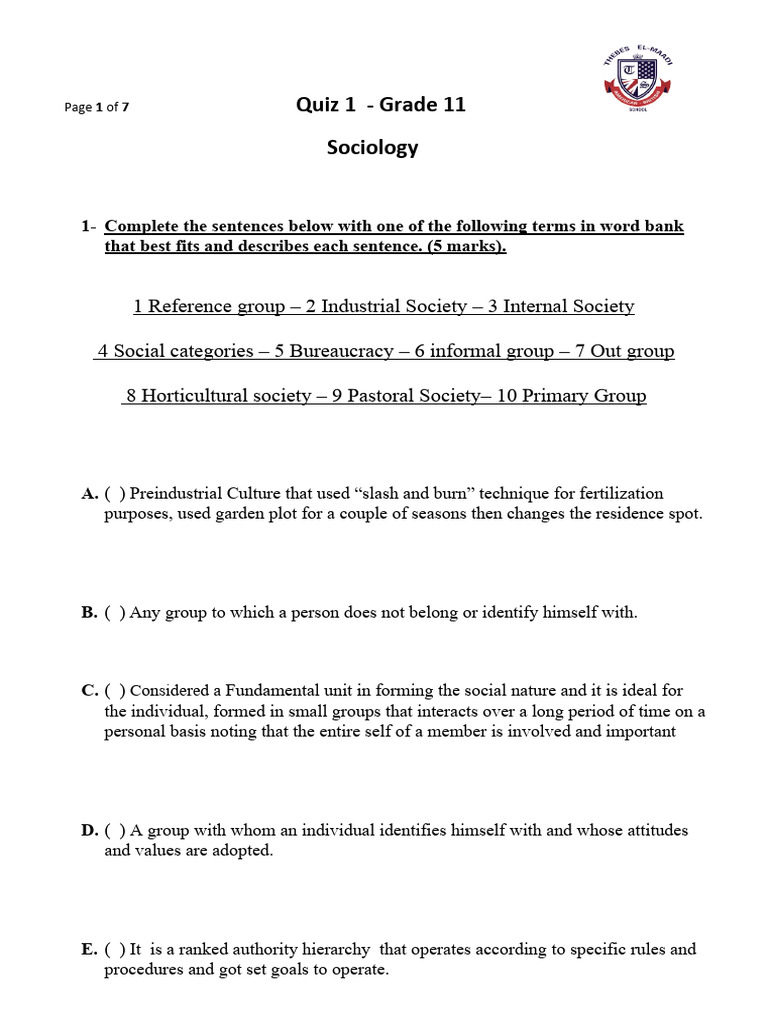 Sociology Quiz Quarter 2 Pdf Behavioural Sciences Social Psychology