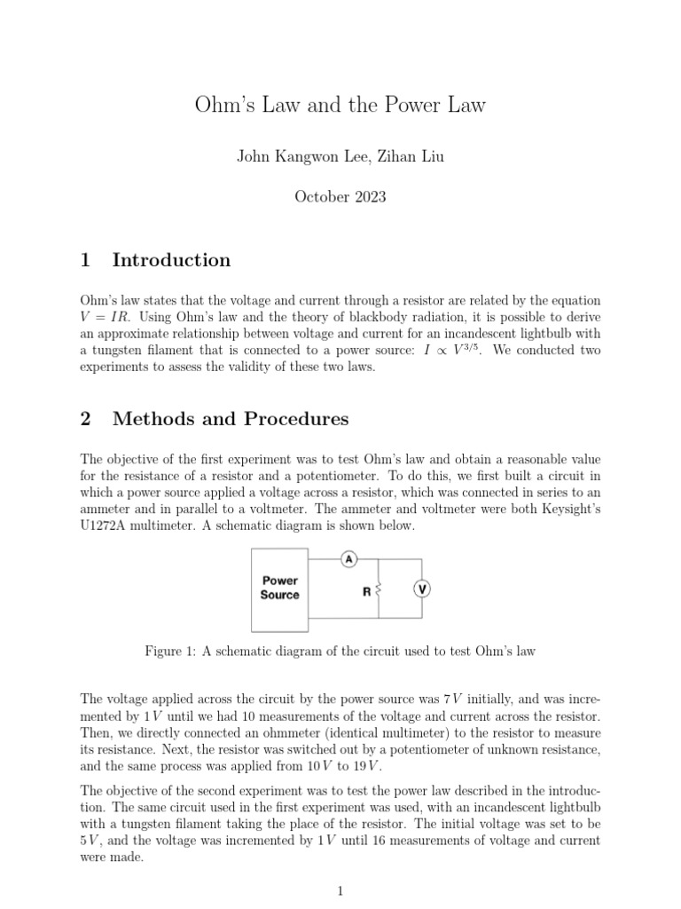 Ohm's Law and The Power Law: John Kangwon Lee, Zihan Liu October 2023 | PDF | Resistor ...