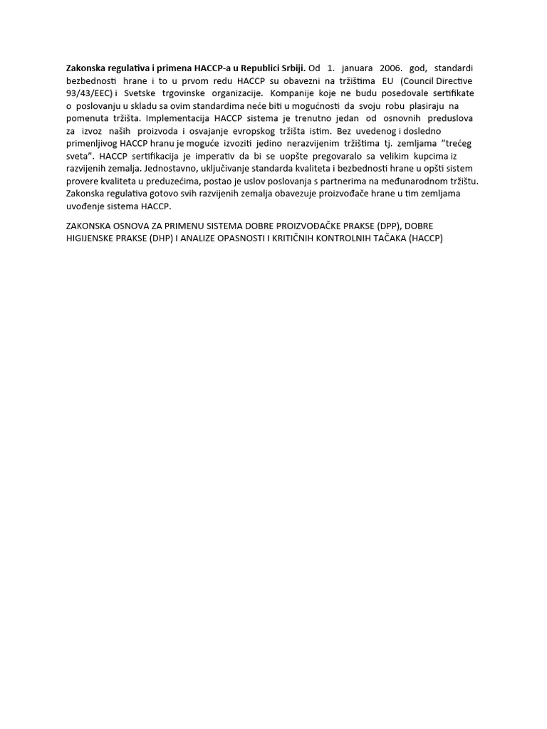 Zakonska Regulativa I Primena HACCP-A | PDF