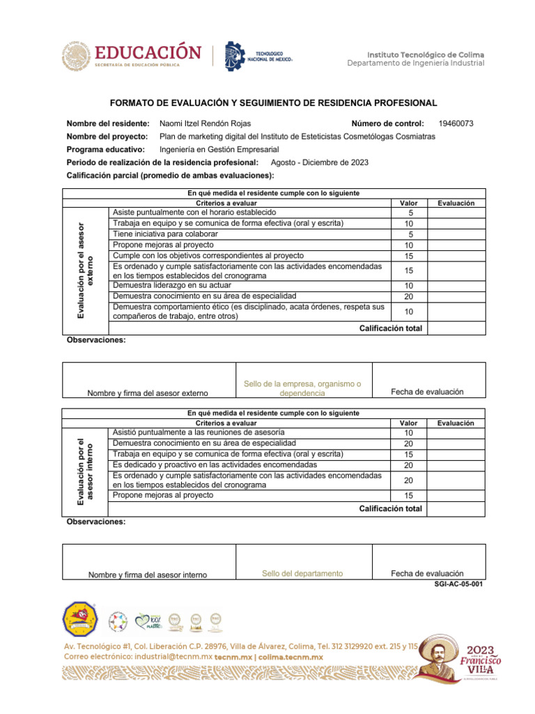 Formato de Evaluación y Seguimiento SGI-AC-05-001 | PDF | Evaluación | Economias