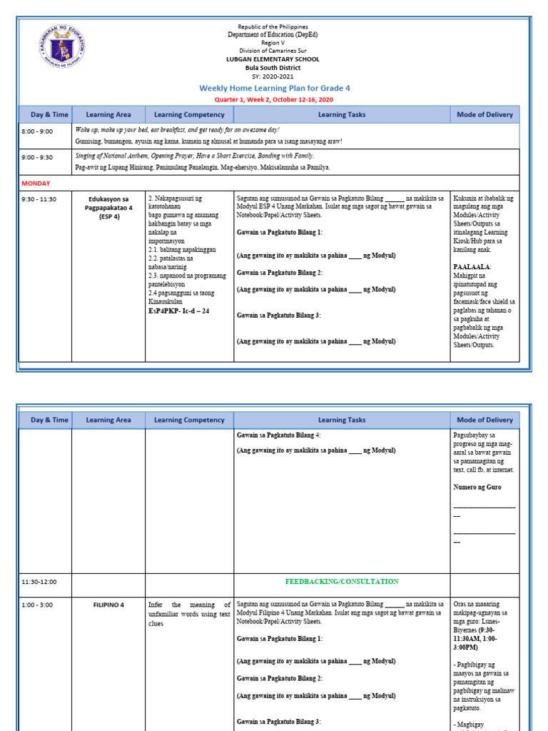 Grade 4 - All Subjects - WHLP - Q1 - W2 | PDF