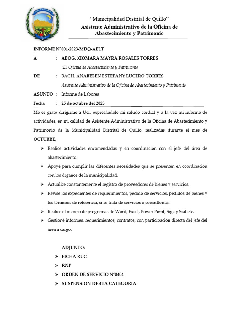 Informe de Labores Asistente Quillo | PDF