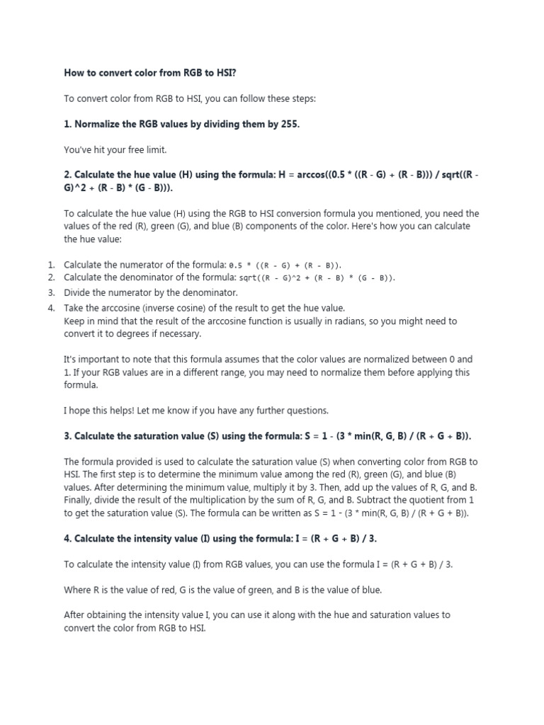 How To Convert Color From RGB To HSI | PDF