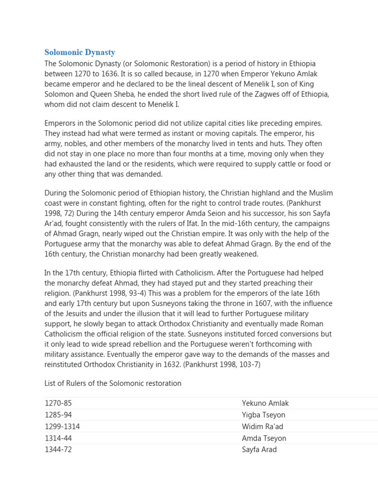 Restoration Solomonic Dynasty | PDF | Ethiopia