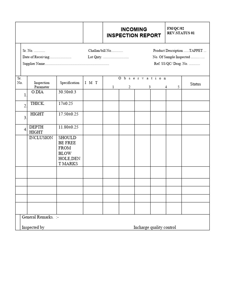 Incoming Inspection Report: FM/QC/02 Rev - Status 01 | PDF