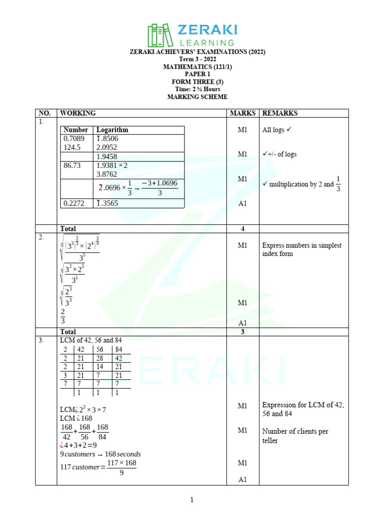 Mathematics Mathematics Form 3 Paper 1 Marking Scheme 1 Download Free Pdf Abstract Algebra