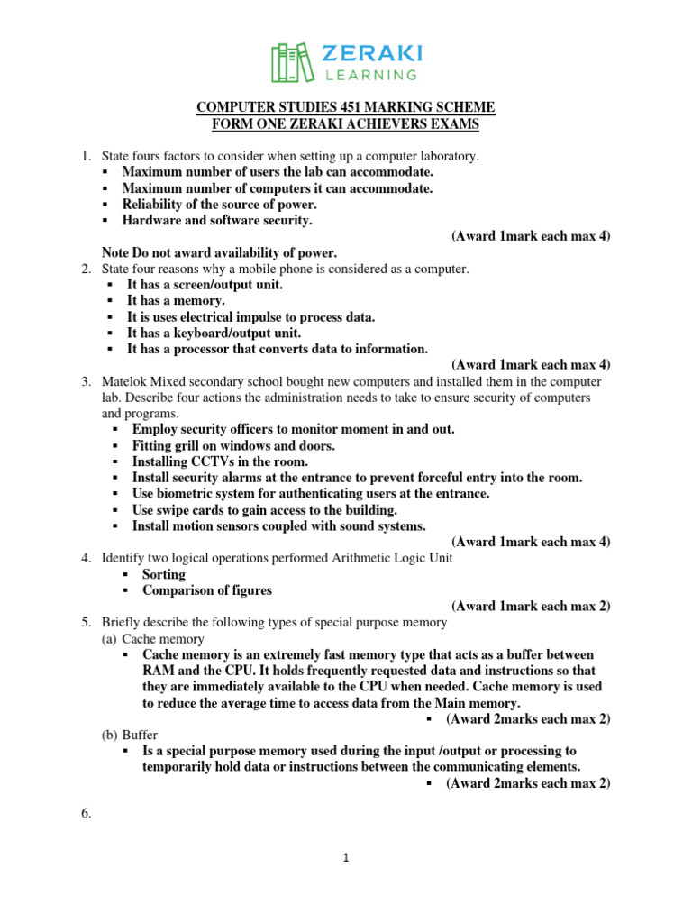 Computer Studies - Computer Studies Form 1 - Zeraki Achievers 2.0 - Marking Scheme | PDF ...