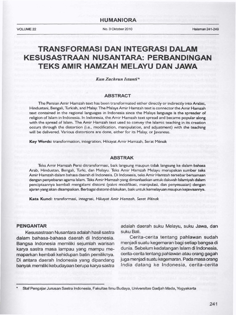 ID Transformasi Dan Integrasi Dalam Kesusastraan Nusantara Perbandingan Teks Amir H | PDF