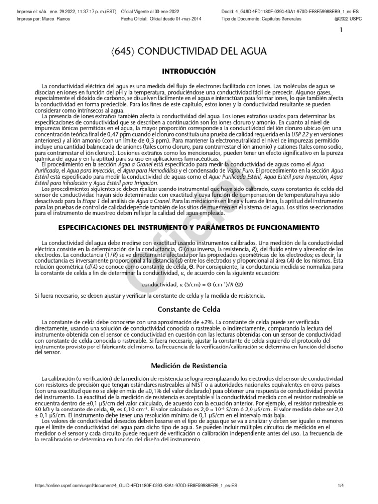 Conductividad Usp 645 | PDF | Agua | Medición