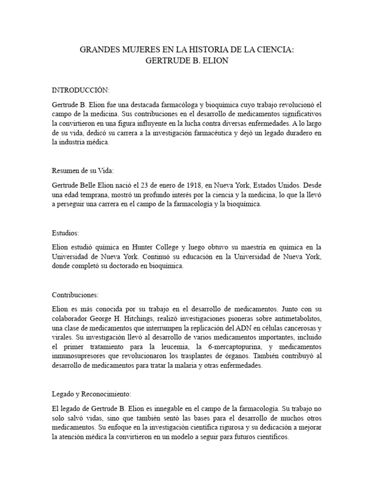 Grandes Mujeres en La Historia de La Ciencia - Gertrude B. Elion | PDF ...