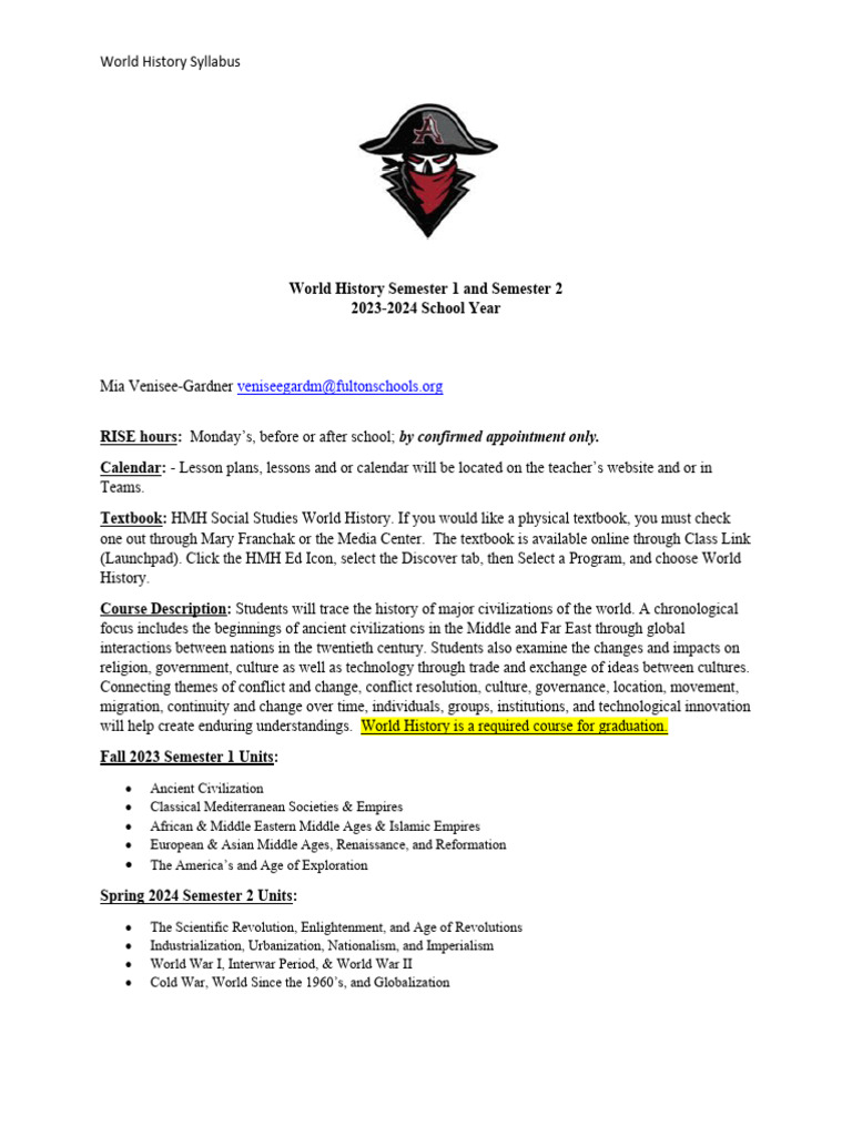 MVG World History Syllabus Fall 2023-Spring 2024 | PDF | Teachers ...