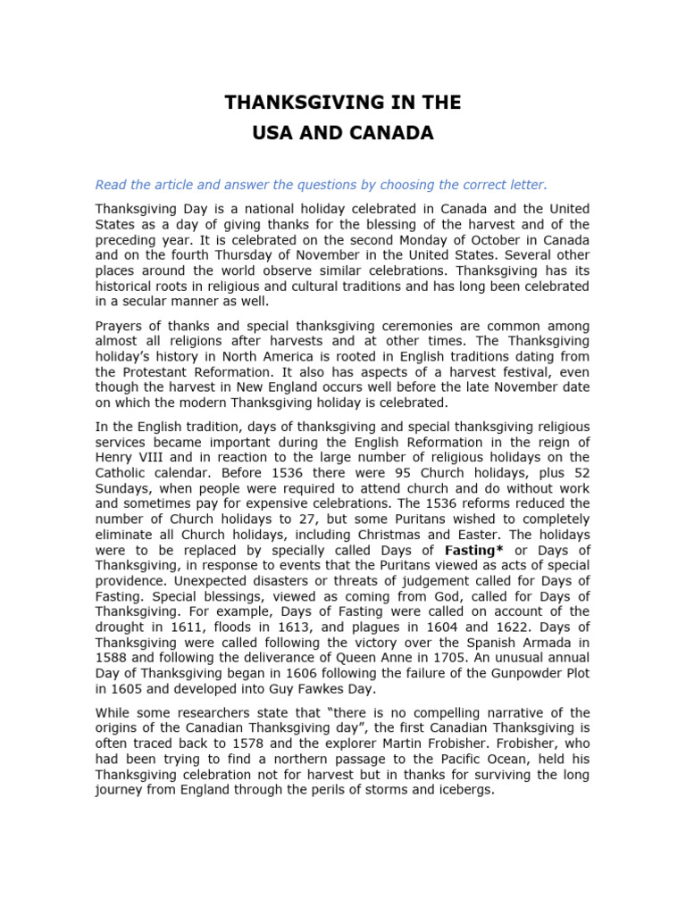 Reading 2 - Thanksgiving in The USA and Canada | PDF | Thanksgiving ...