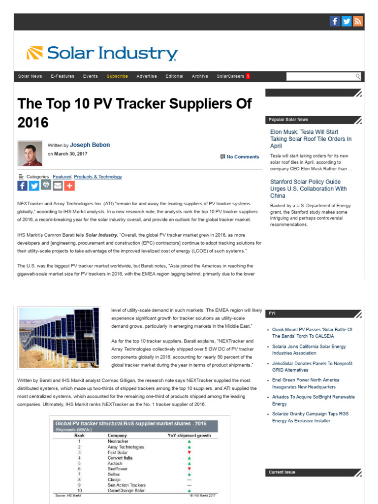 The Top 10 PV Tracker Suppliers of 2016 - Solar Industry | PDF | Photovoltaics | Solar Energy