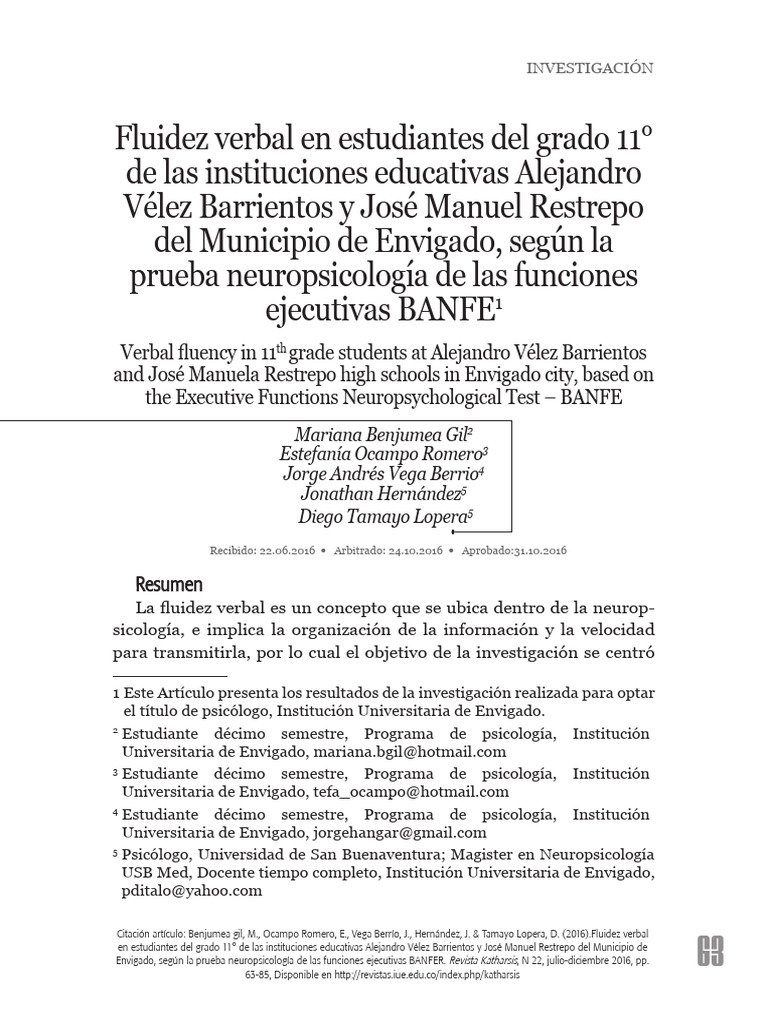 Fluidez Verbal en Estudiantes Del Grado 11° BANFE | PDF | Memoria ...
