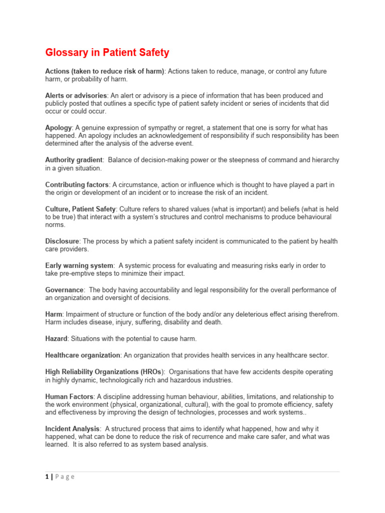 Glossary in Patient Safety | PDF | Risk | Patient Safety