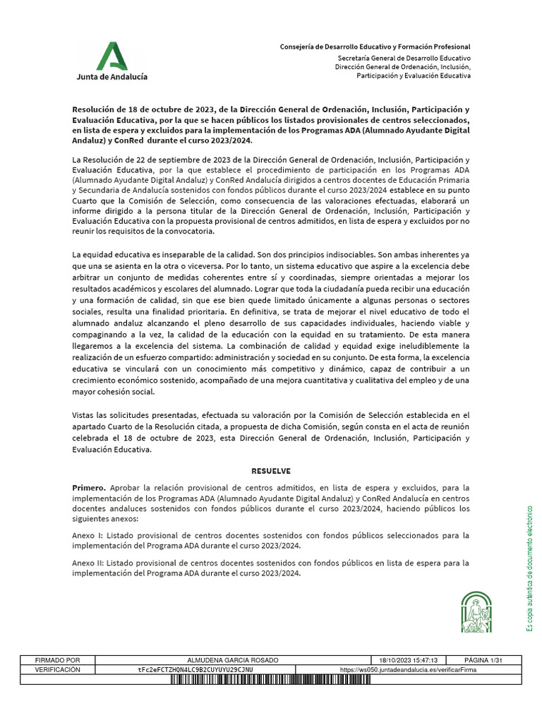 Resolucio¿n Provisional Programa ADA - ConRed 2023 - 2024 - 2 - (F) | PDF | Inclusión (Educación ...