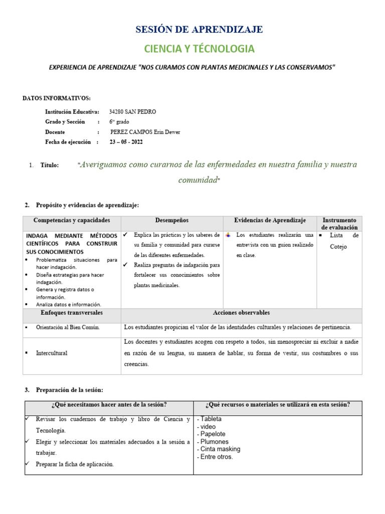 SESIÓN DE APRENDIZAJE Ciencia y Tecnología - Lunes | PDF | Aprendizaje | Modificación de ...