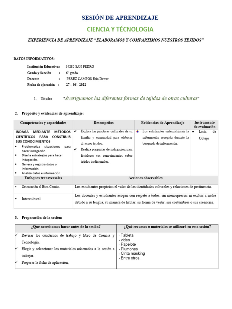 SESIÓN DE APRENDIZAJE Ciencia y Tecnología - Lunes | PDF | Aprendizaje | Ciencia cognitiva