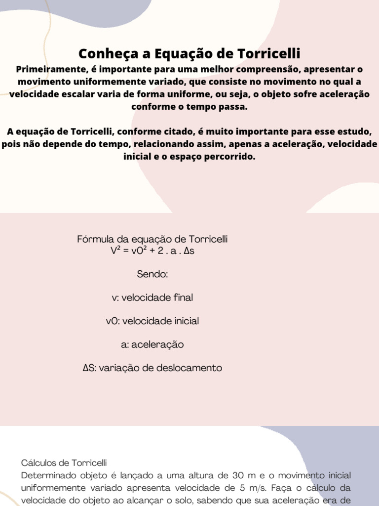 Equação de Torricelli: Fórmula e Exemplos | PDF | Velocidade | Velocidade