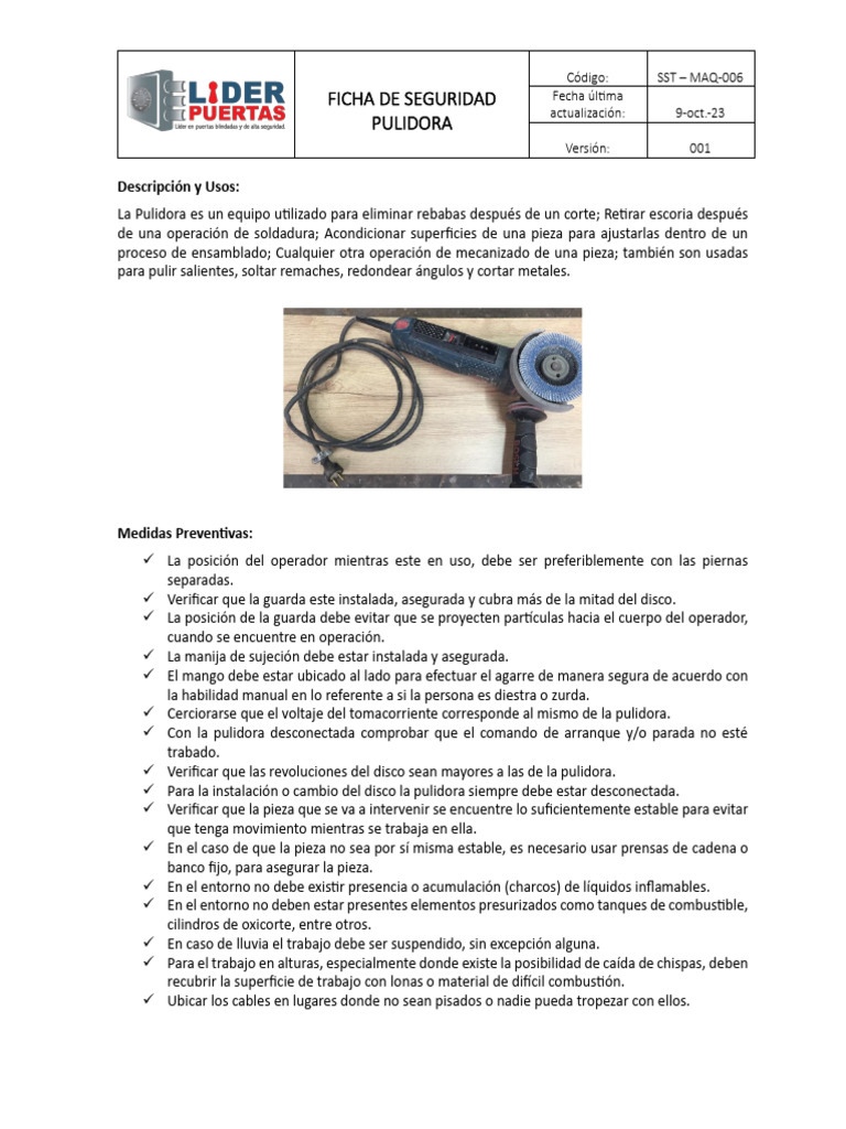 SST-MAQ-006 Ficha de Seguridad Pulidora | PDF | Tecnología