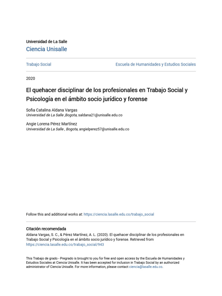 El Quehacer Disciplinar de Los Profesionales en Trabajo Social y Psicolog - A | PDF | Trabajo ...