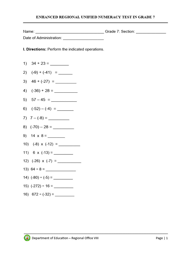 Grade 7 Enhanced Numeracy Test | PDF | Computers