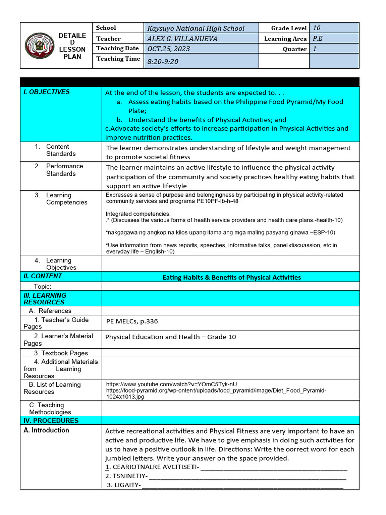 Grade 10 PE Lesson Plan on Nutrition | PDF | Physical Fitness | Learning