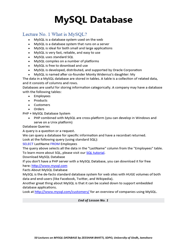 16 Lectures On MYSQL DATABASE Statements | PDF | My Sql | Php