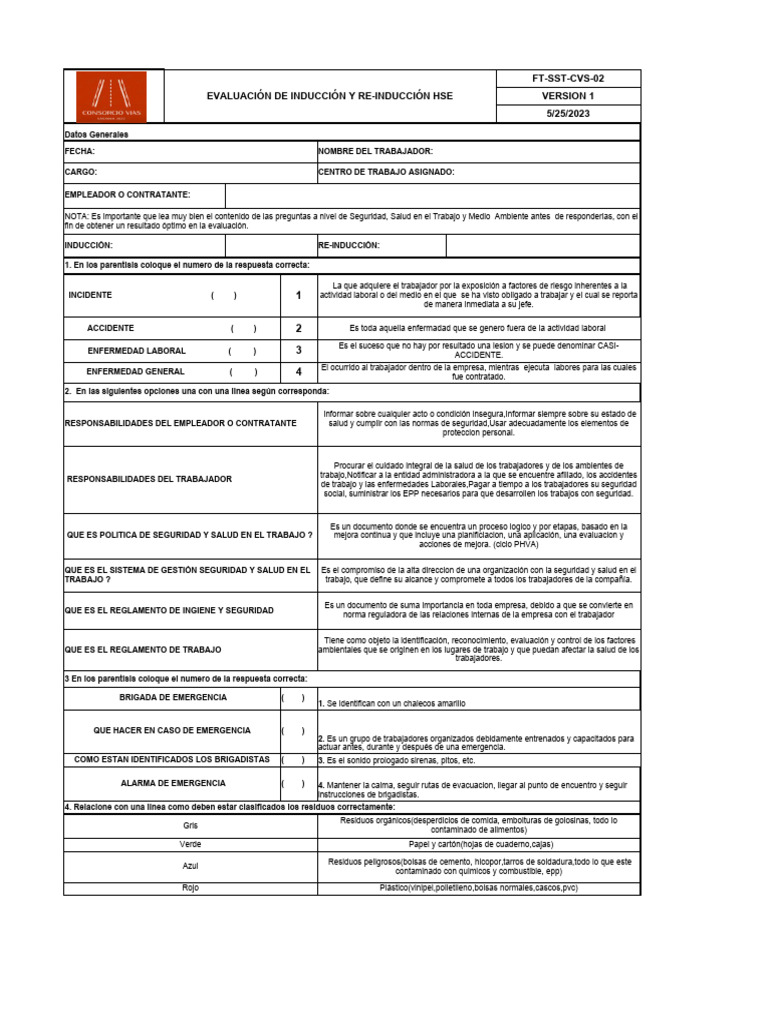 CVB-FT-03 Evaluación de Inducción y Re-Inducción HSE | PDF