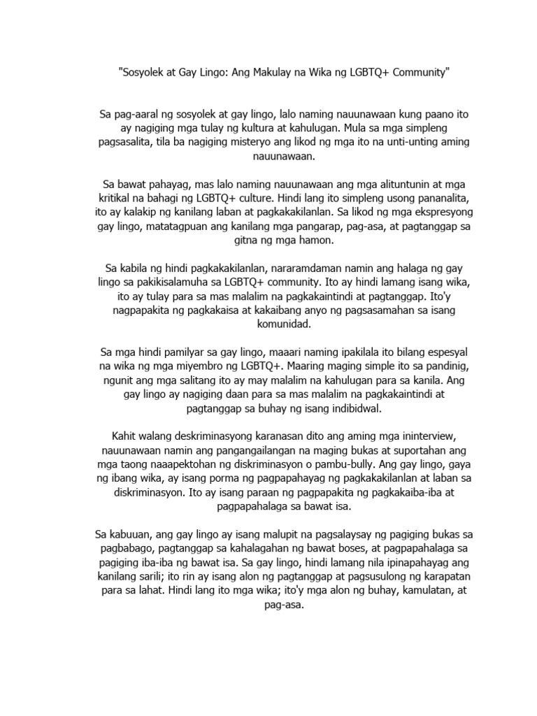 "Sosyolek at Gay Lingo: Ang Makulay na Wika ng LGBTQ+ Community" Sa pag ...