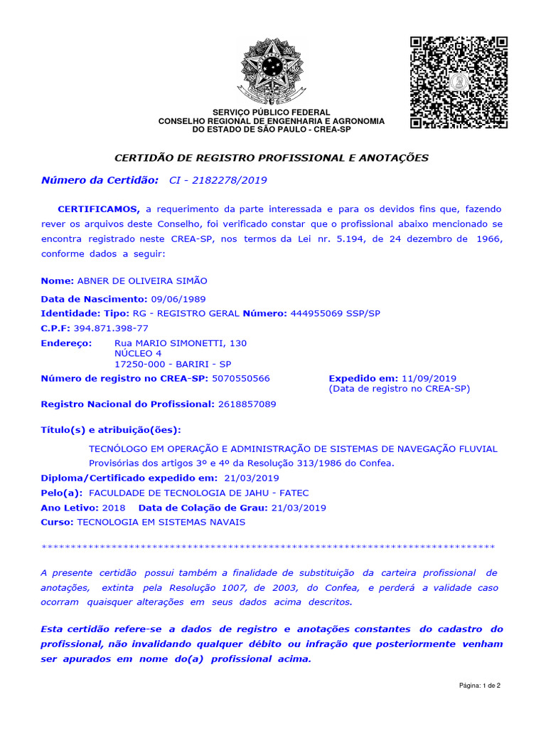 Certidão de Registro Profissional CREA-SP | PDF
