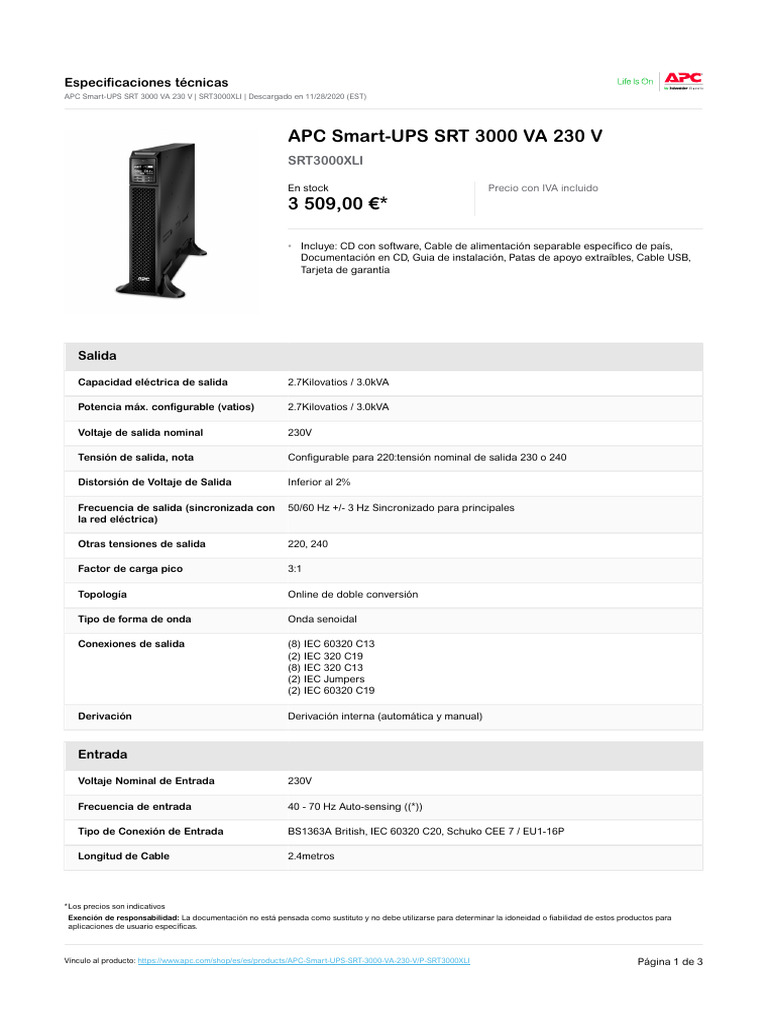Sku Srt3000xli Apc | PDF | Ingenieria Eléctrica | Electricidad
