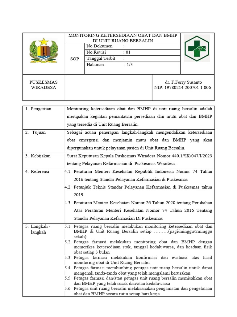 Sop Monitoring Ketersediaan Obat Dan BMHP Di Unit Ruang Bersalin | PDF