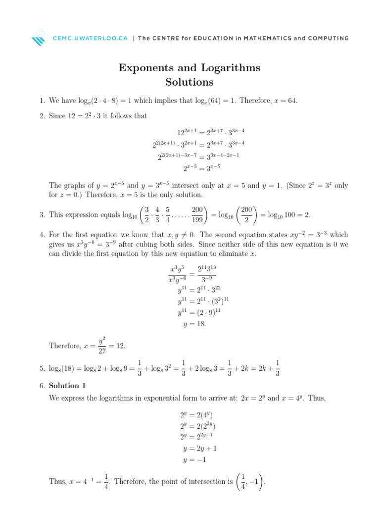 Exponents Logarithms Sol | PDF | Logarithm | Exponentiation