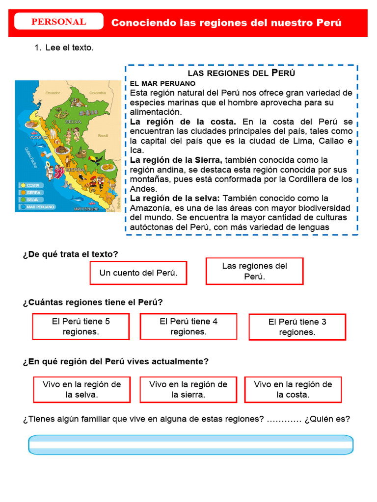 D1 A1 FICHA PS. Conociendo Las Regiones de Nuestro Perú. | PDF