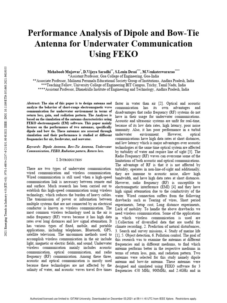 Performance Analysis of Dipole and Bow-Tie Antenna For Underwater Communication Using FEKO | PDF ...