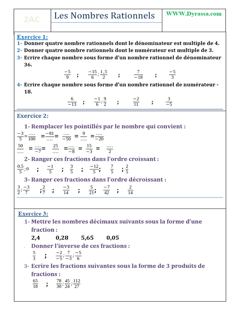 Les Nombres Rationnels Serie Dexercices 1 Word | PDF