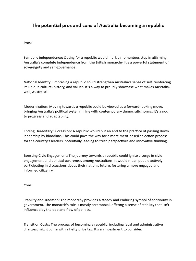 Pros and Cons of Australia as a Republic | PDF | Republic | Heads Of State