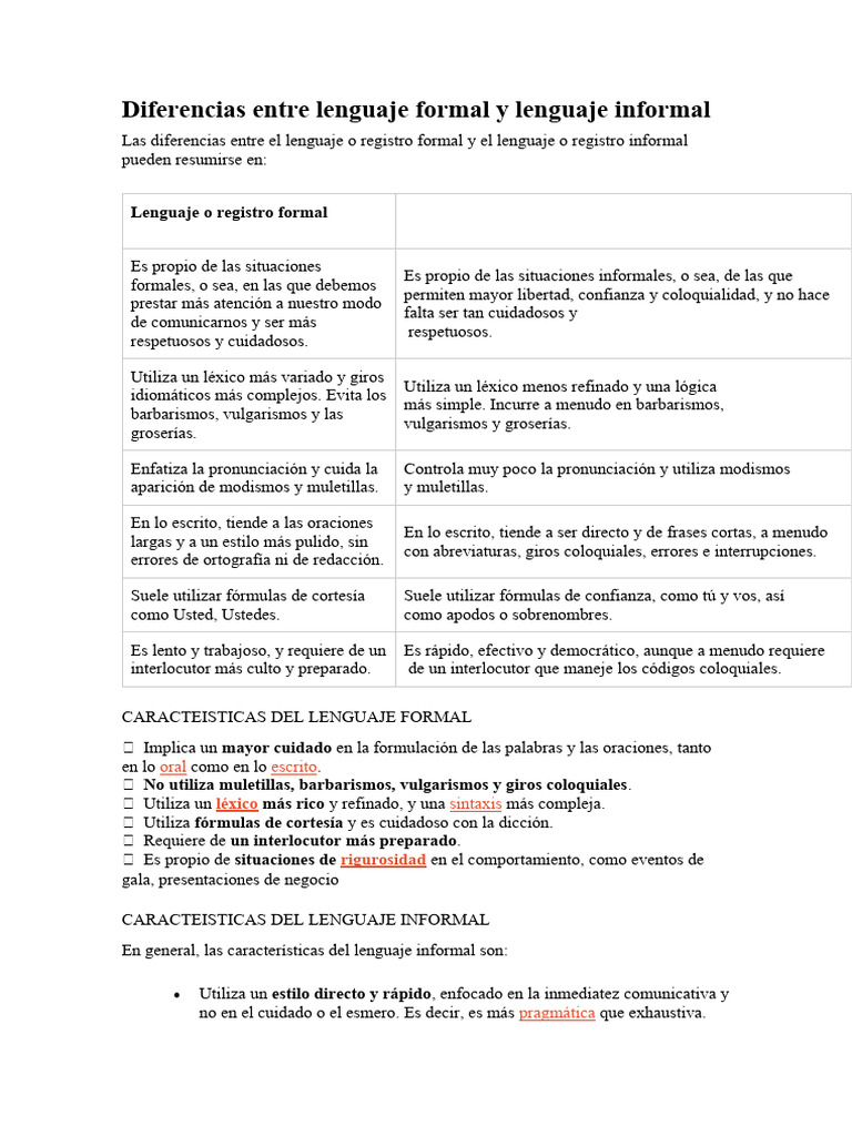 Diferencias Entre Lenguaje Formal y Lenguaje Informal | PDF ...