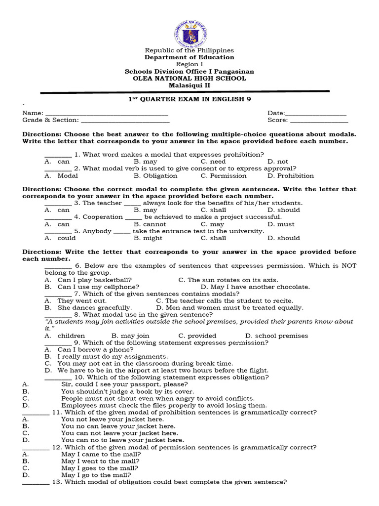 First Quarter Exam in English 9 | PDF | Human Communication | Syntax