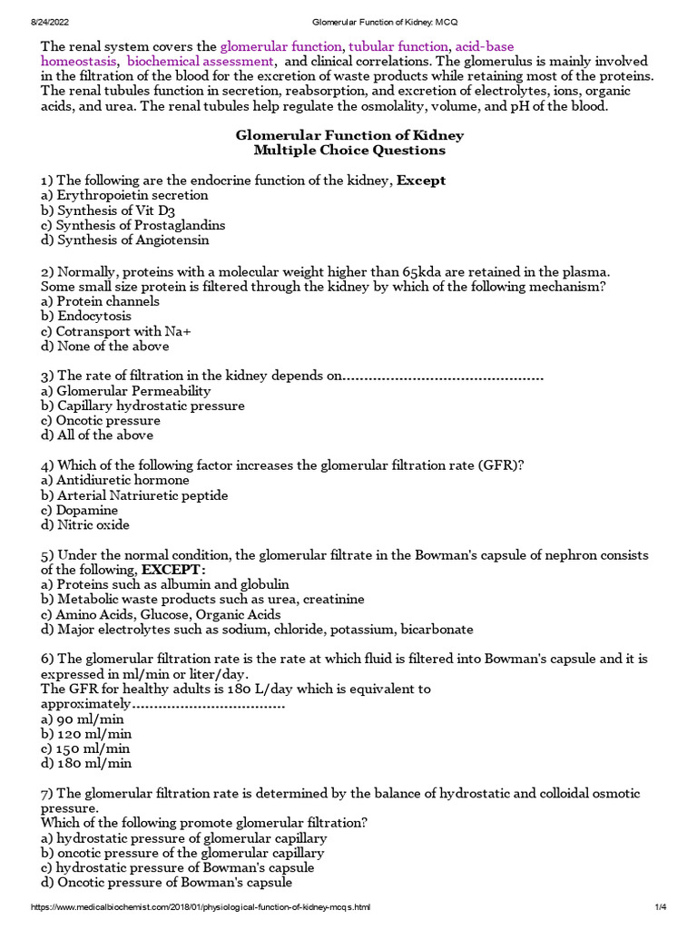 Glomerular Function of Kidney - MCQ | PDF | Kidney | Angiotensin