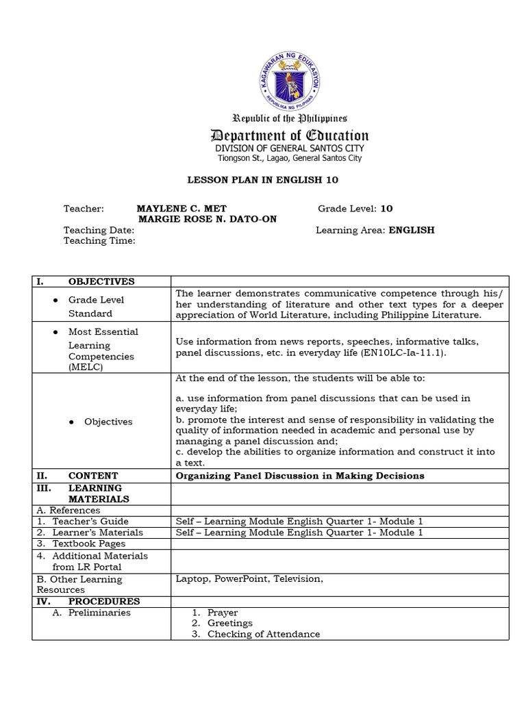 English 10 Q1 W1D4 | PDF | Teachers | Learning