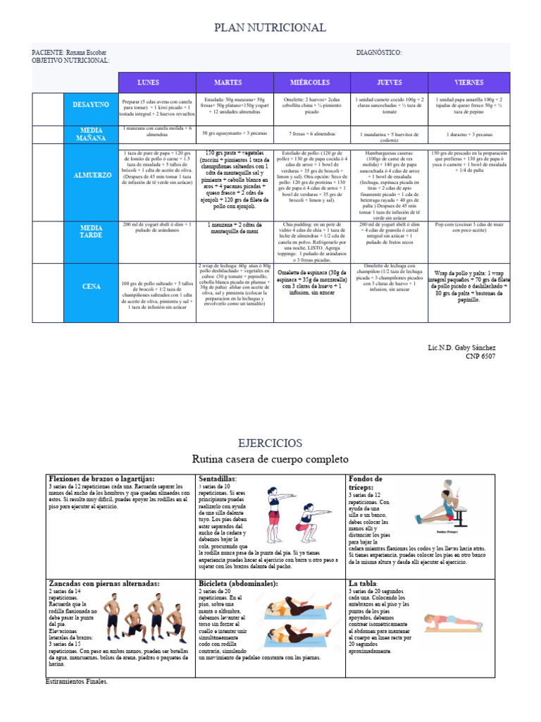 Plan Nutricional y Ejercicios para Roxana | PDF | ensalada | Cocina