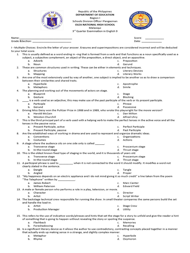 ENGLSIH 9 3rd Q Exam 2018 | PDF | Verb | Linguistics