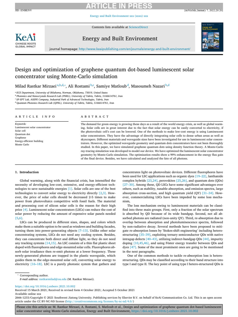 Energy and Built Environment: Milad Rastkar Mirzaei, Ali Rostami, Samiye Matloub, Masoumeh ...