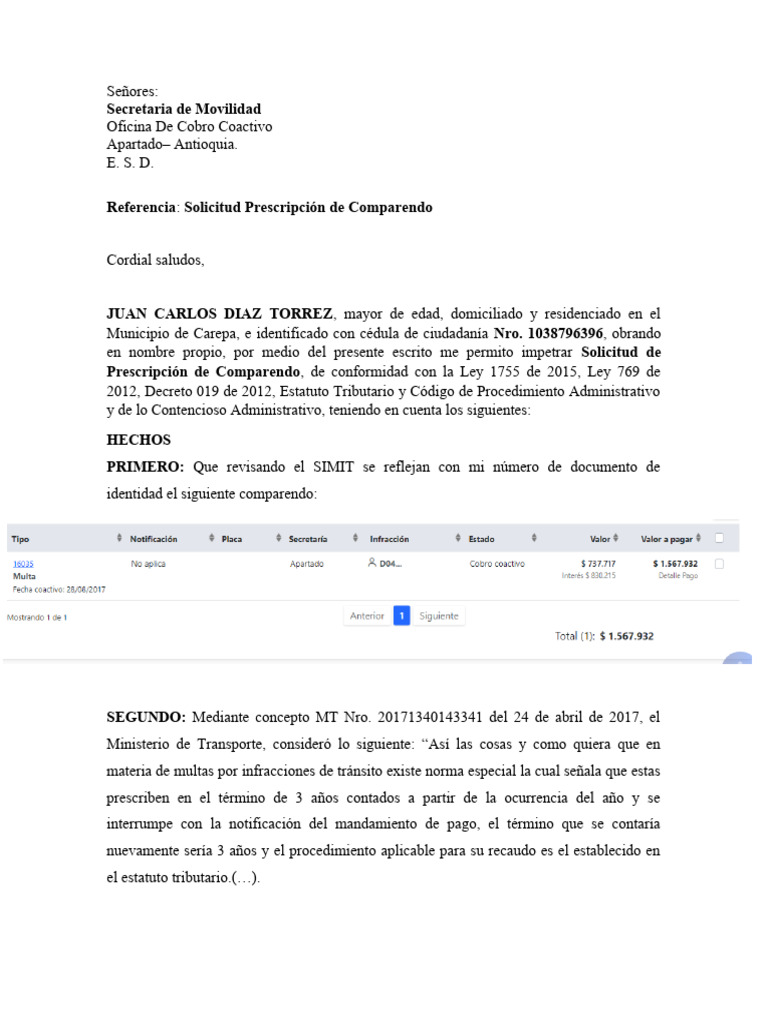 Derecho de Peticion | PDF | Estatuto de limitaciones | Multa (pena) Derecho de Peticion | PDF | Estatuto de limitaciones | Multa (pena)