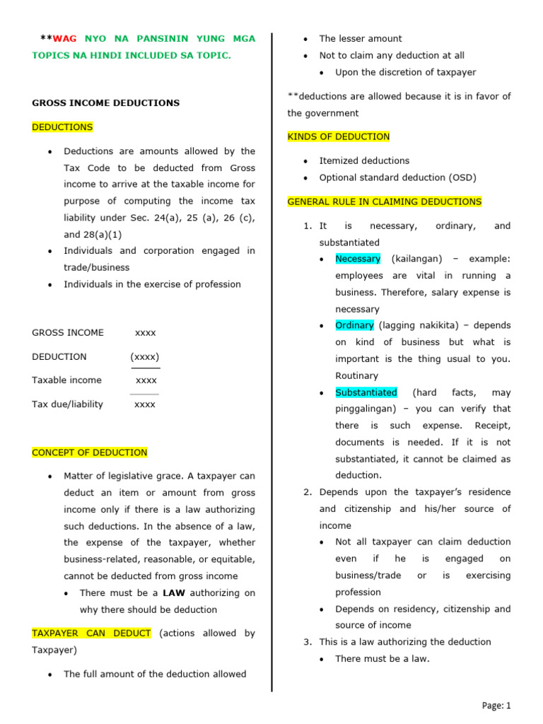 GROSS INCOME DEDUCTIONS Advance Notes | PDF | Tax Deduction | Expense